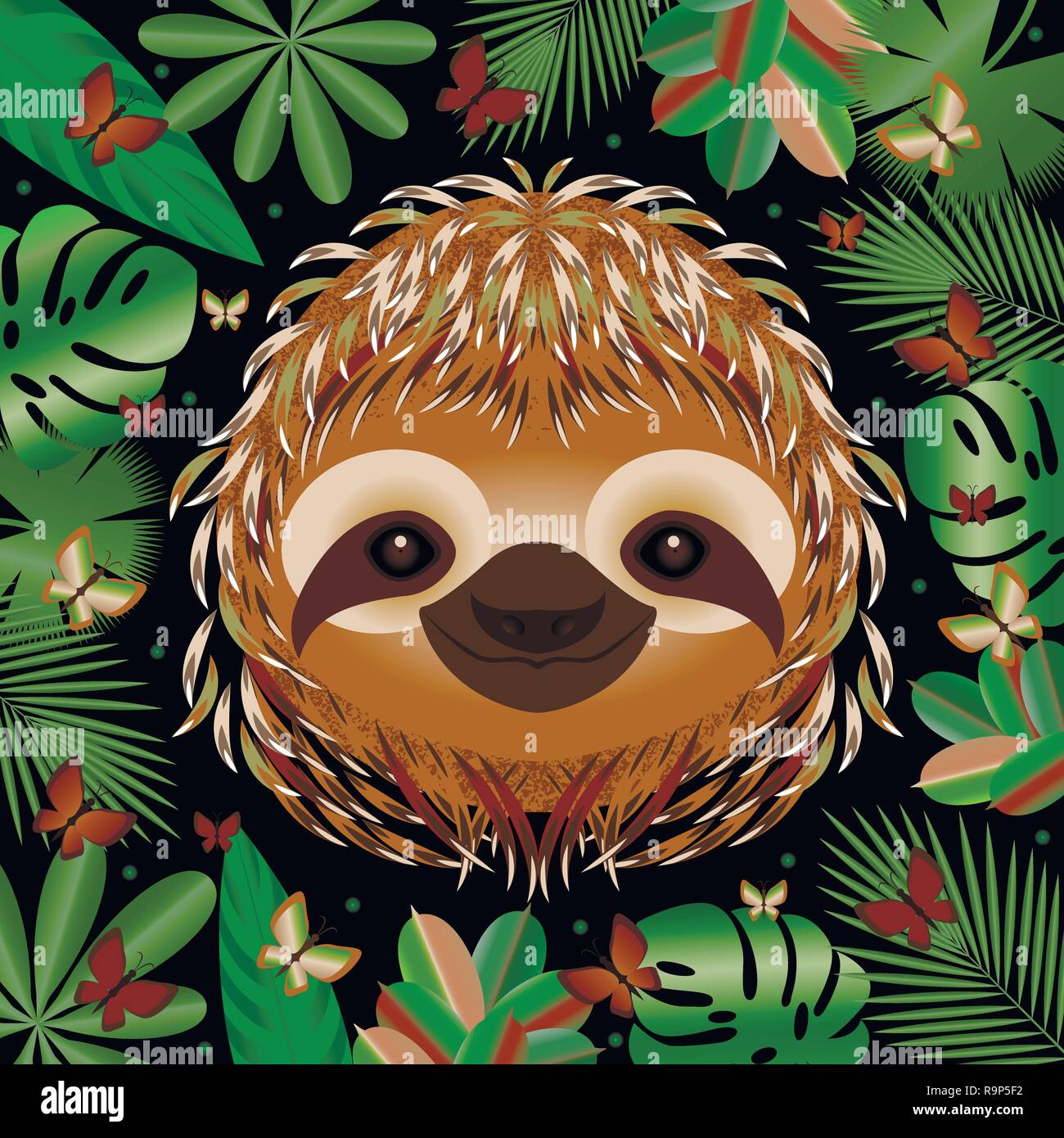 Sloth. Head face portrait. Beige fur. Cartoon style. Animal smiles ...