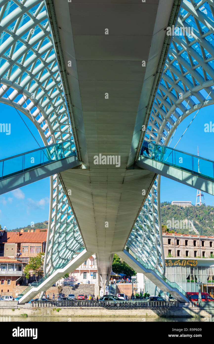 Bridge of peace over Mtkvari river in Tbilisi, Georgia. Bottom view ...