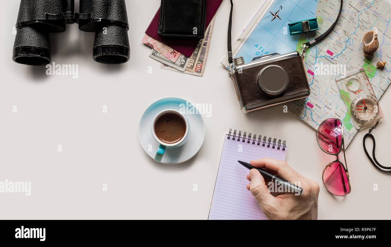 Flat Lay Top View vintage Map for planning a trip or vacation with scattered items Stock Photo ...