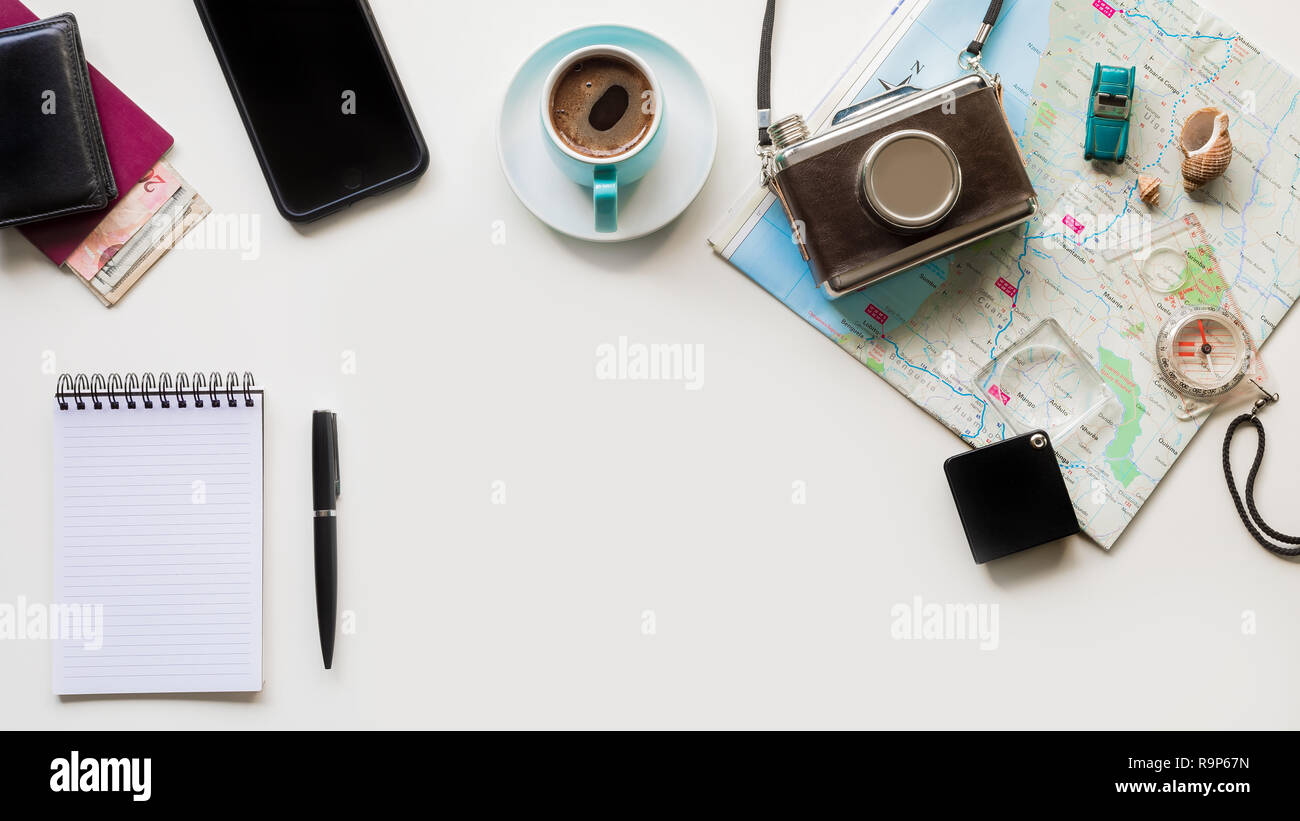 Flat Lay Top View vintage Map for planning a trip or vacation with scattered items Stock Photo ...