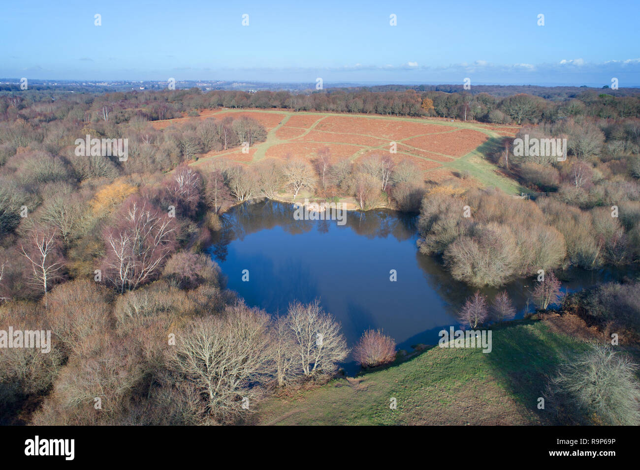aerial view across ditchling common and pond by drone in west sussex ...