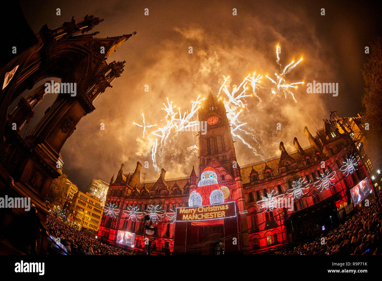 Manchester 2018 Christmas light switch Albert Square Fireworks explode ...