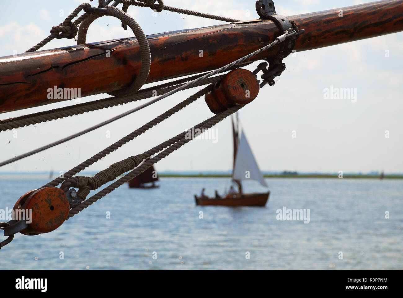 Detail of a Jibboom of a boat at the Bodden, Darss, Germany. A jibboom ...