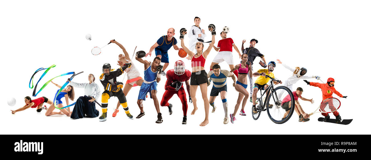 Attack. Sport collage about kickboxing, soccer, american football ...