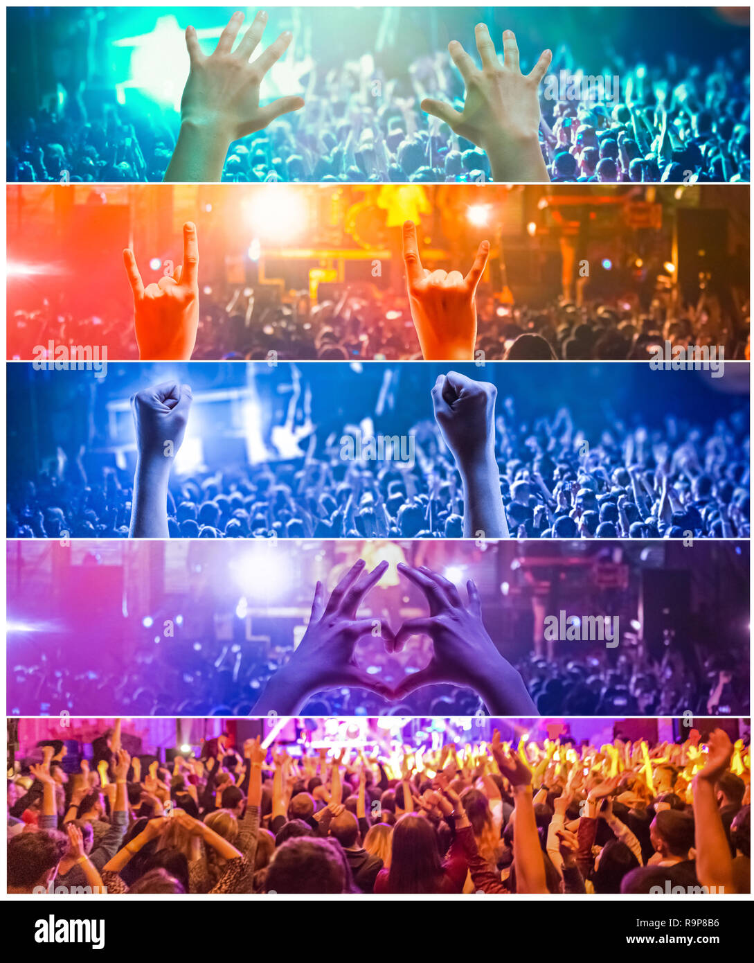 Rock concert, silhouettes of happy people raising up hands. Collage ...