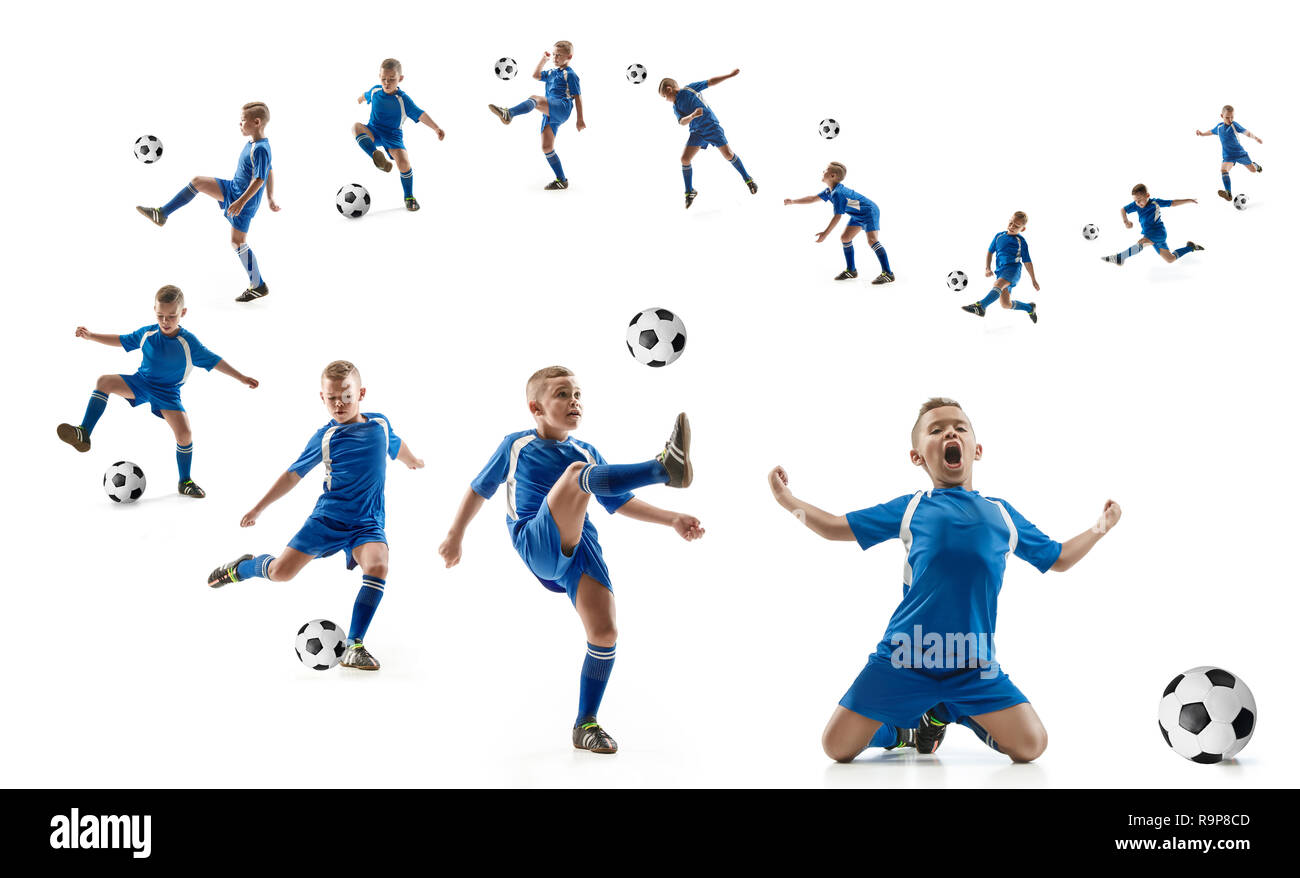Young boy with soccer ball doing flying kick, isolated on white ...