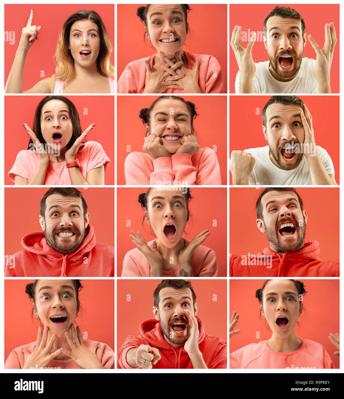 Delight. Beautiful female and male portrait isolated on coral studio ...