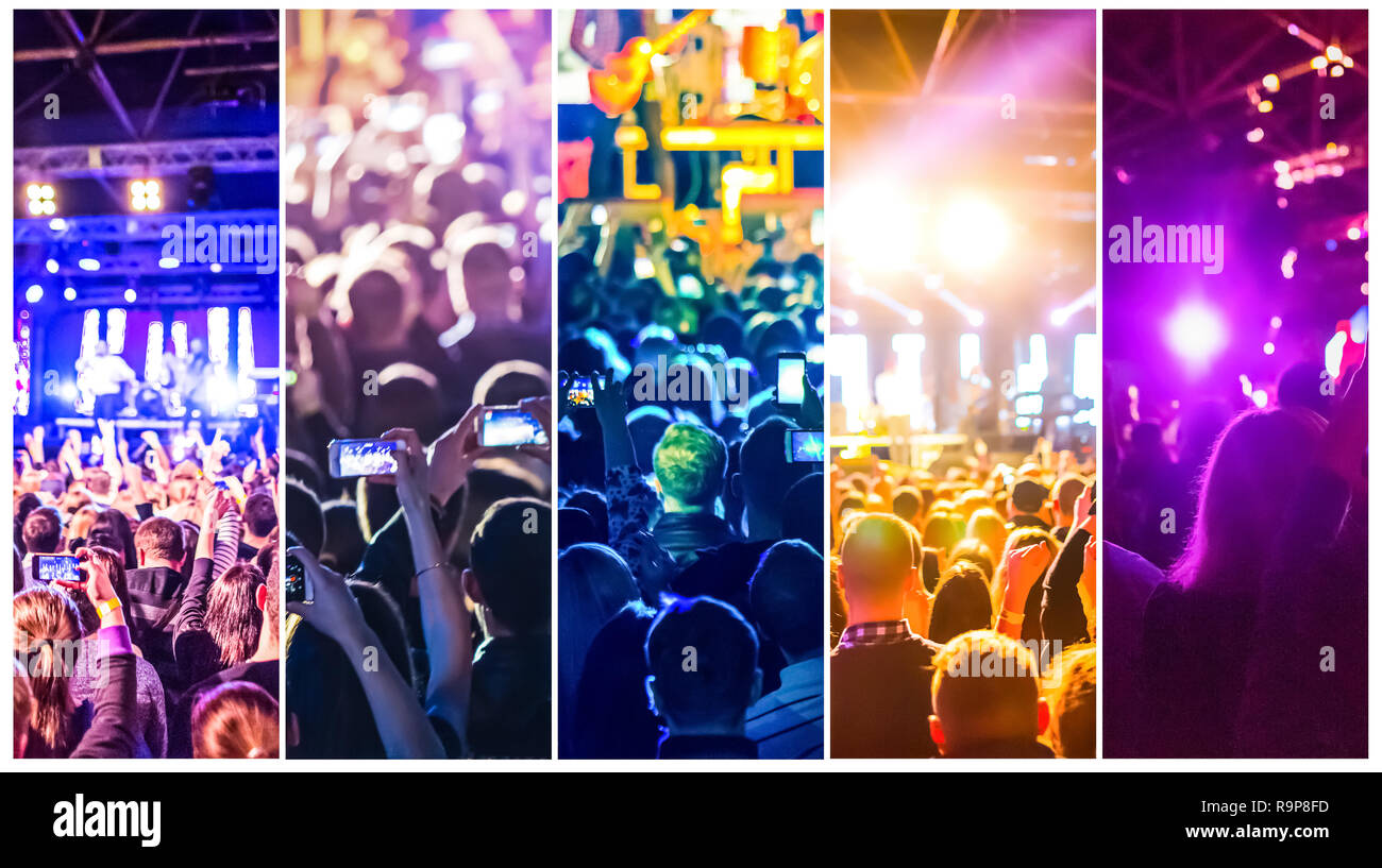 Rock concert, silhouettes of happy people raising up hands. Collage ...