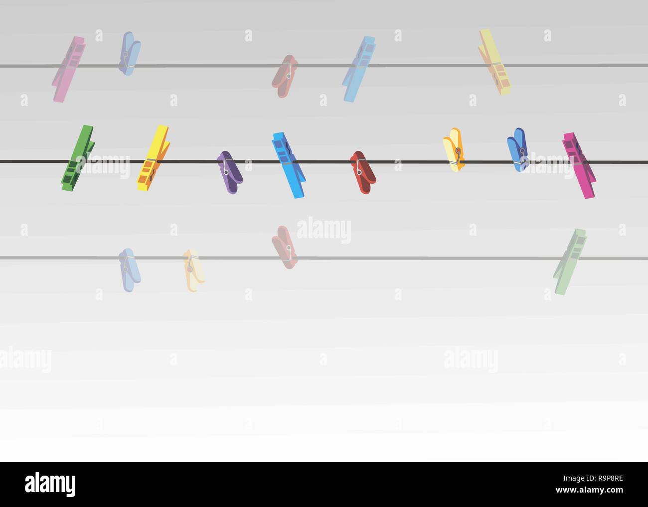 Colored clothes pins on a clothes line rope on gray background . 10 eps ...