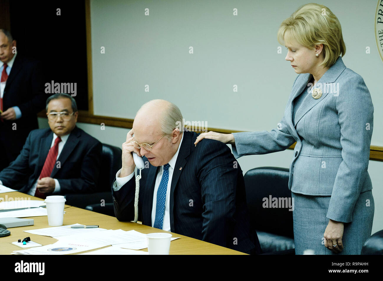 VICE, Christian Bale as Dick Cheney (center), Amy Adams as Lynne Cheney ...