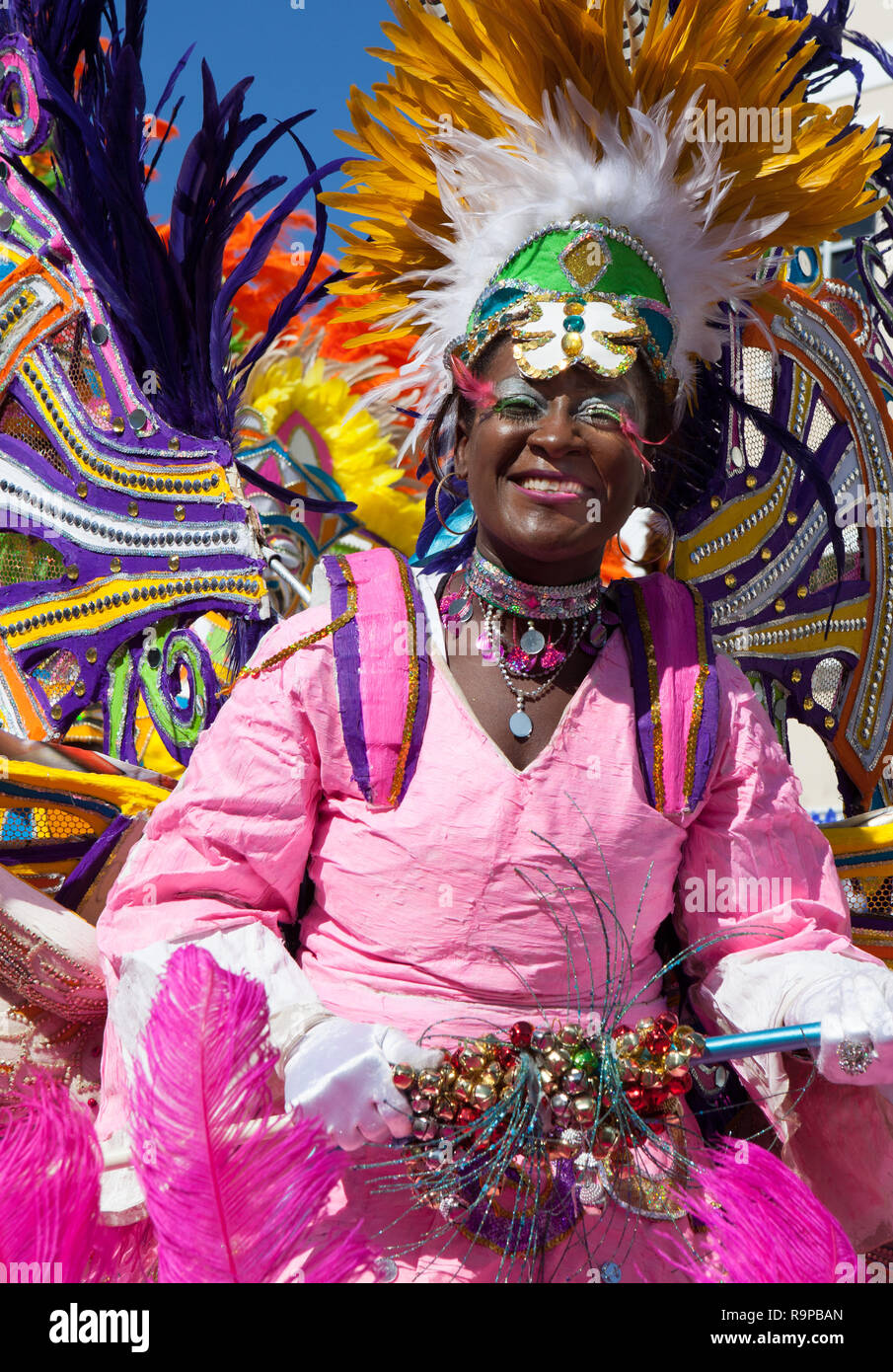 NASSAU, THE BAHAMAS - JANUARY 1 - CU of Female dancer dressed in bright ...