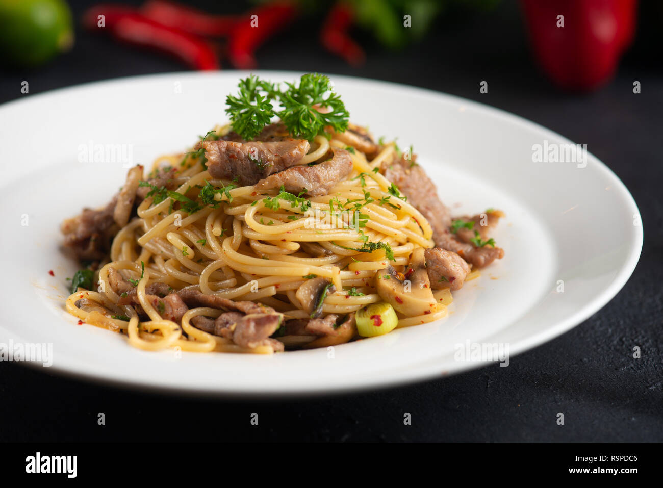 spaghetti with iberico pork Stock Photo - Alamy