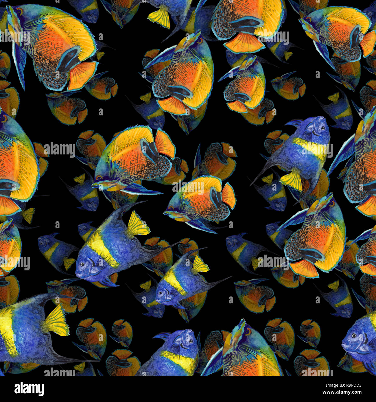 Watercolor aquatic underwater colorful tropical fish illustration set ...