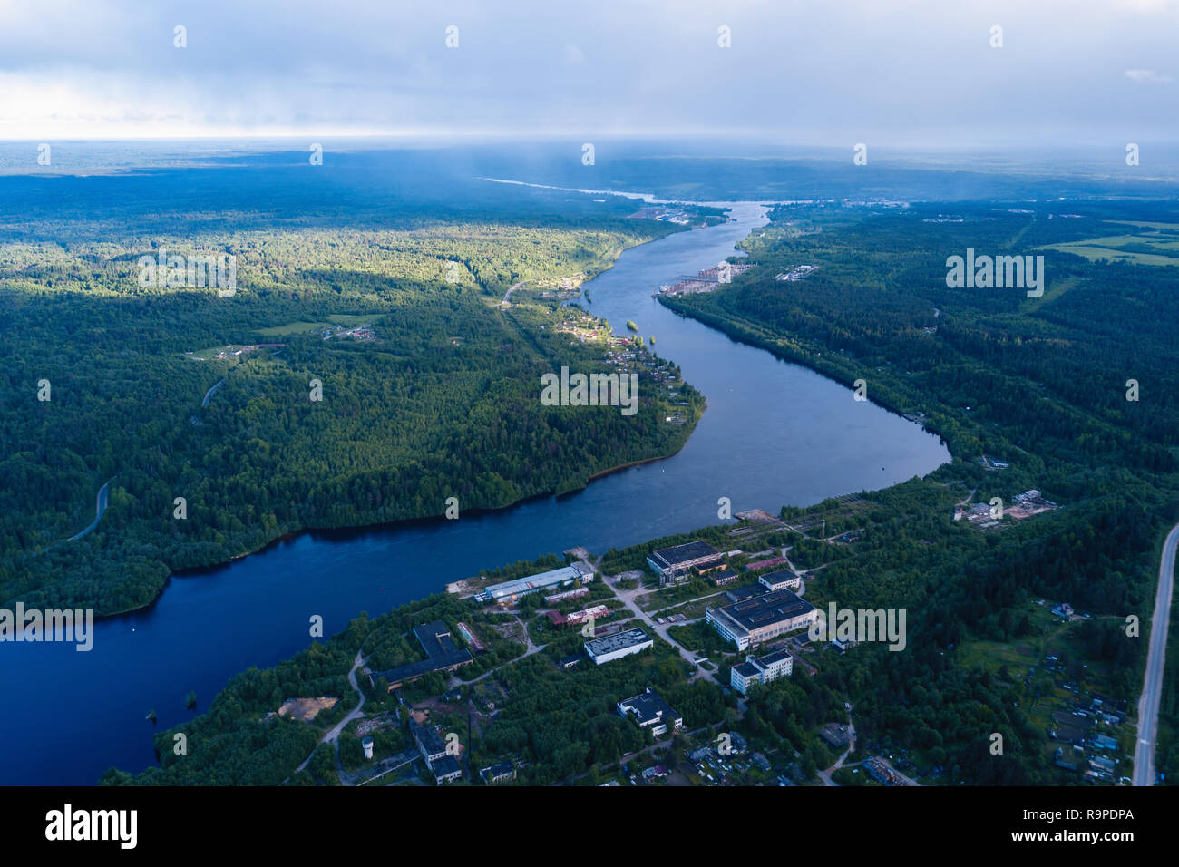 Bird's eye view of Svir river and green forests of Leningrad region ...