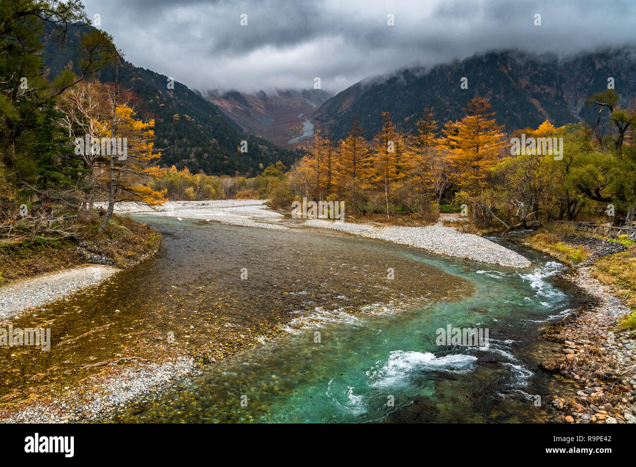 Azusa River seen from Kappabashi Bridge in Autumn in Kamikochi ...