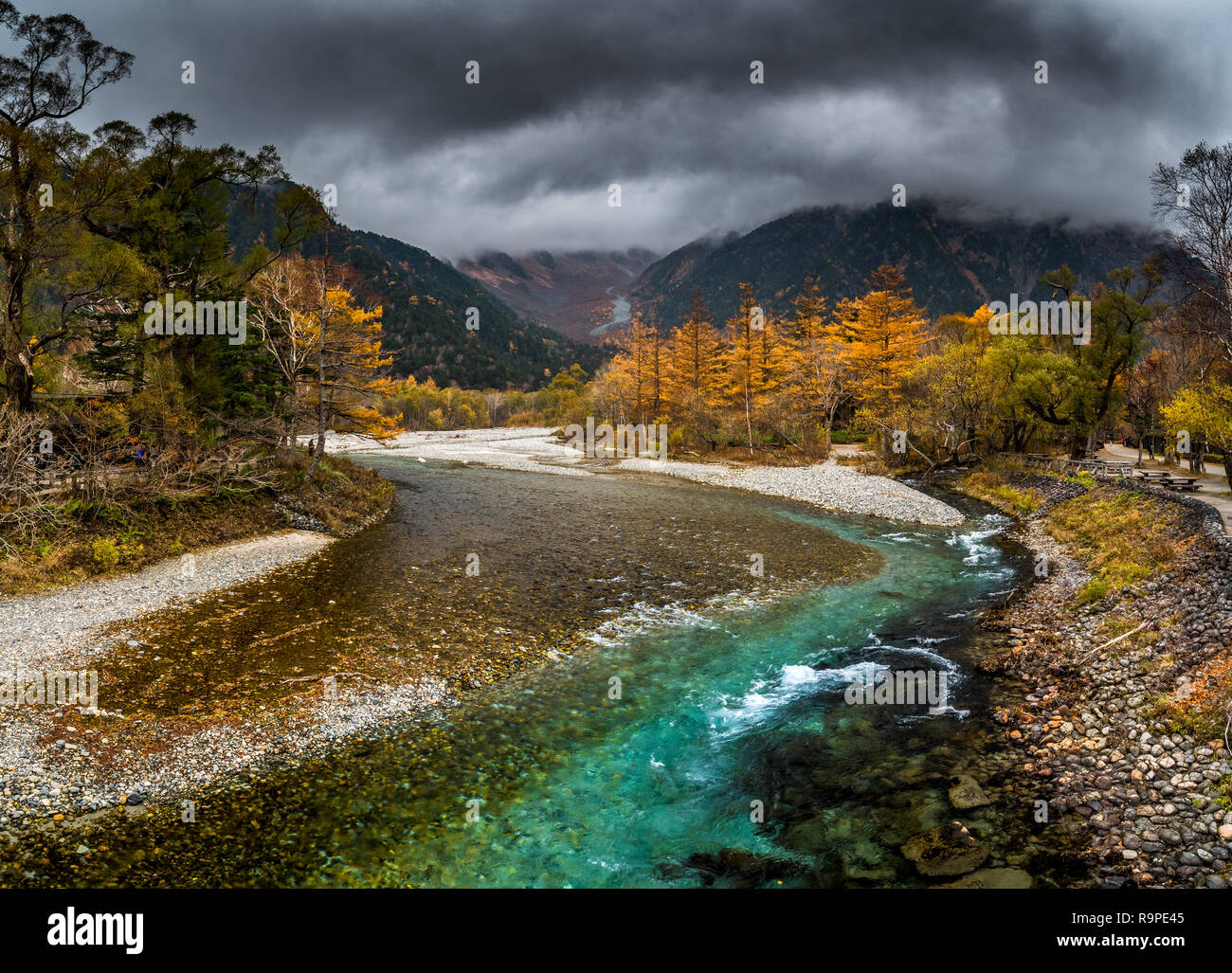 Azusa River seen from Kappabashi Bridge in Autumn in Kamikochi ...