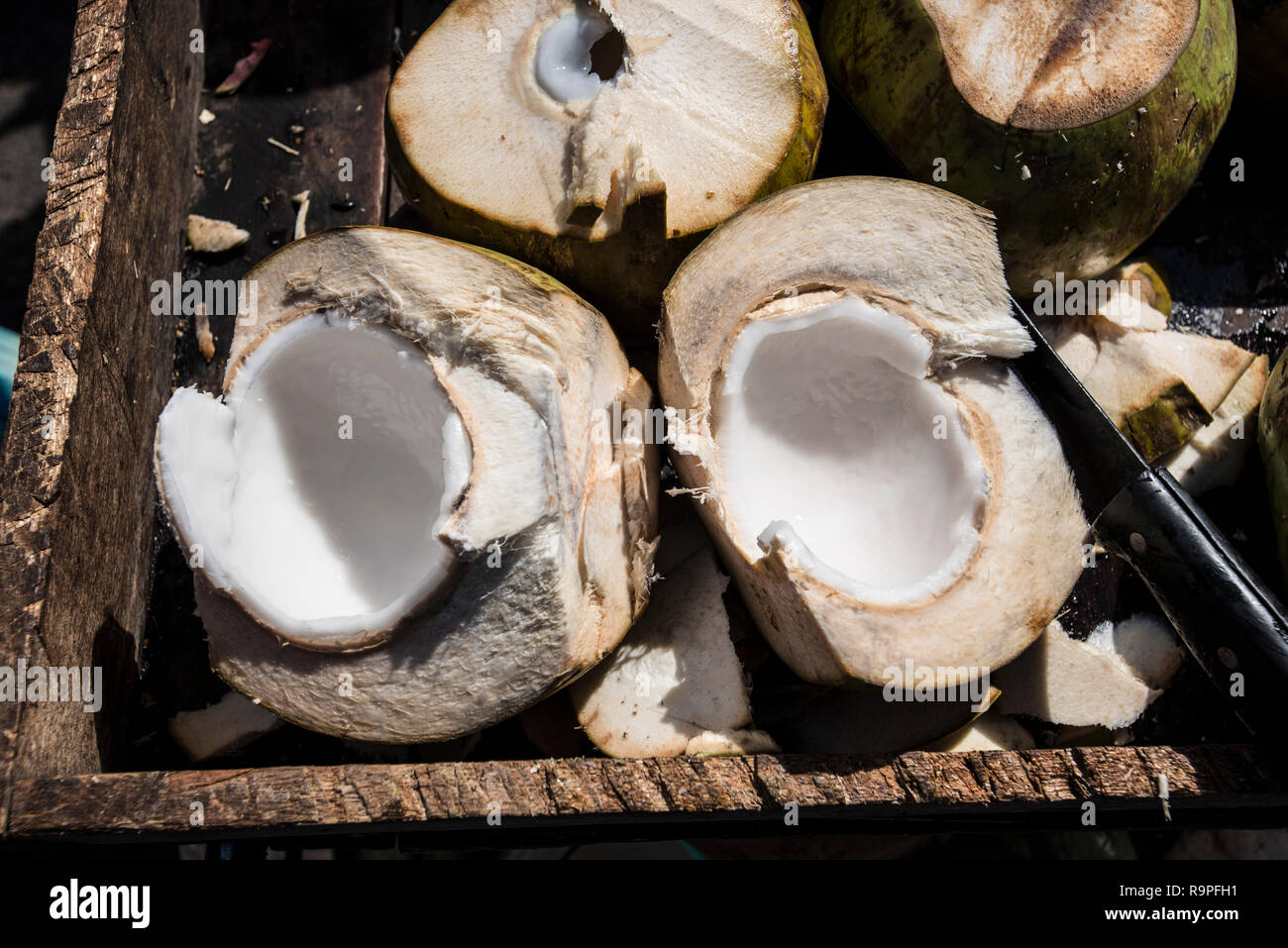 Coconuts for sale at the Ofelia Market in Quito Stock Photo - Alamy