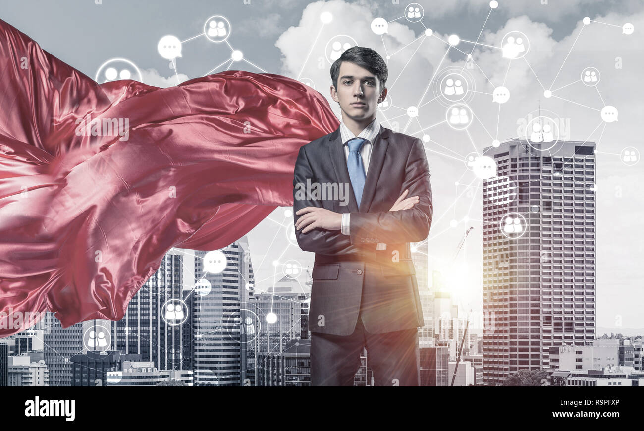 Concept of power and sucess with businessman superhero in big ci Stock ...