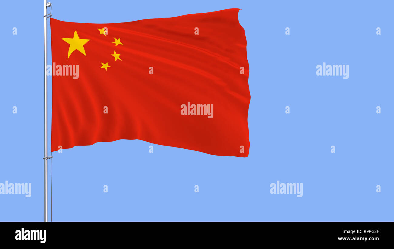 Flag of China on a flagpole fluttering in the wind on pure blue ...
