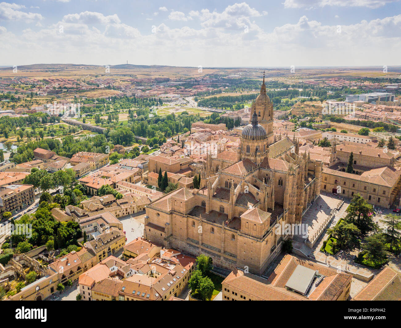 Aerial view of Salamanca with new and old cathedral in the first plan ...
