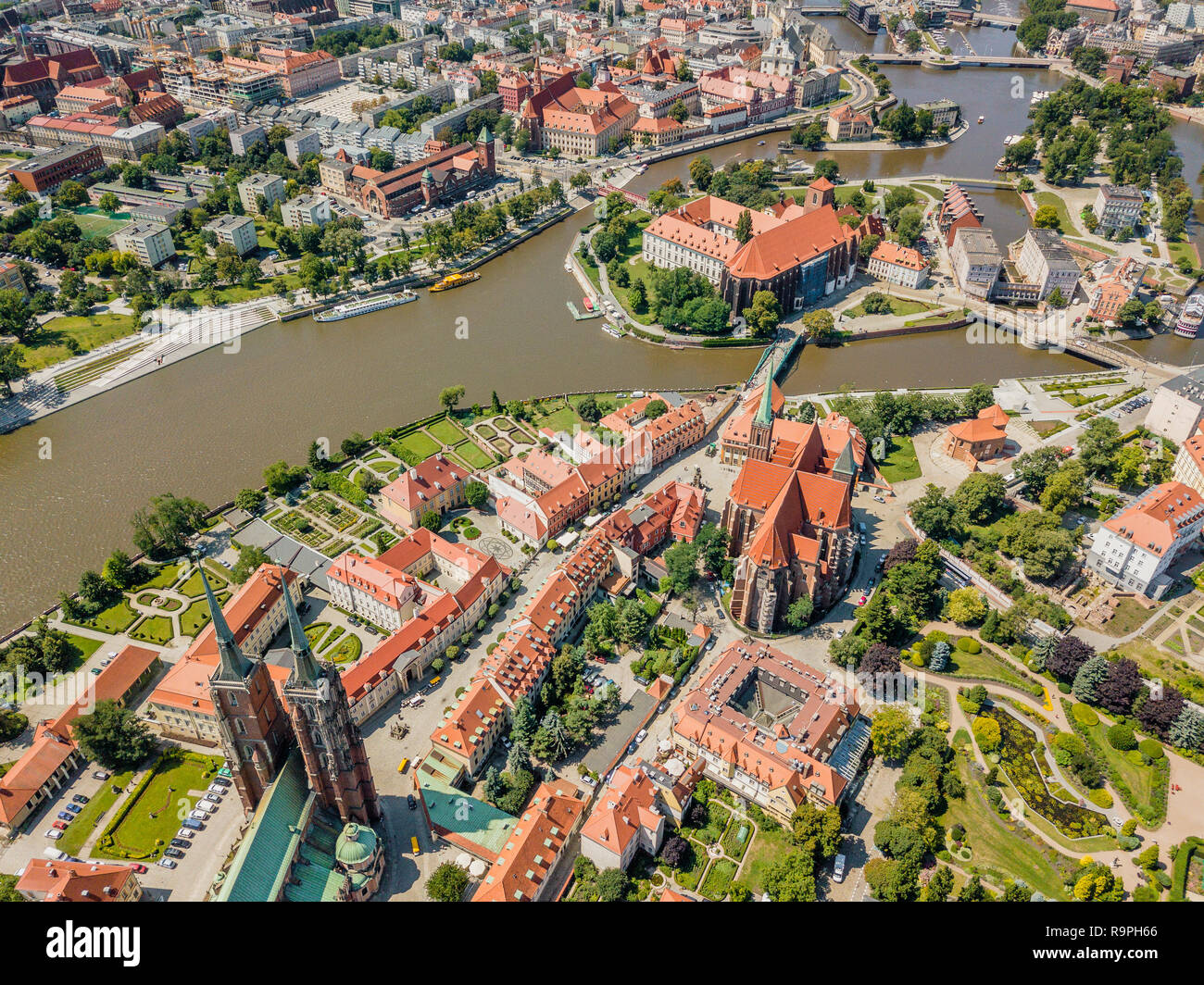 Aerial view of the oldest, historic part of Wroclaw located mostly on ...