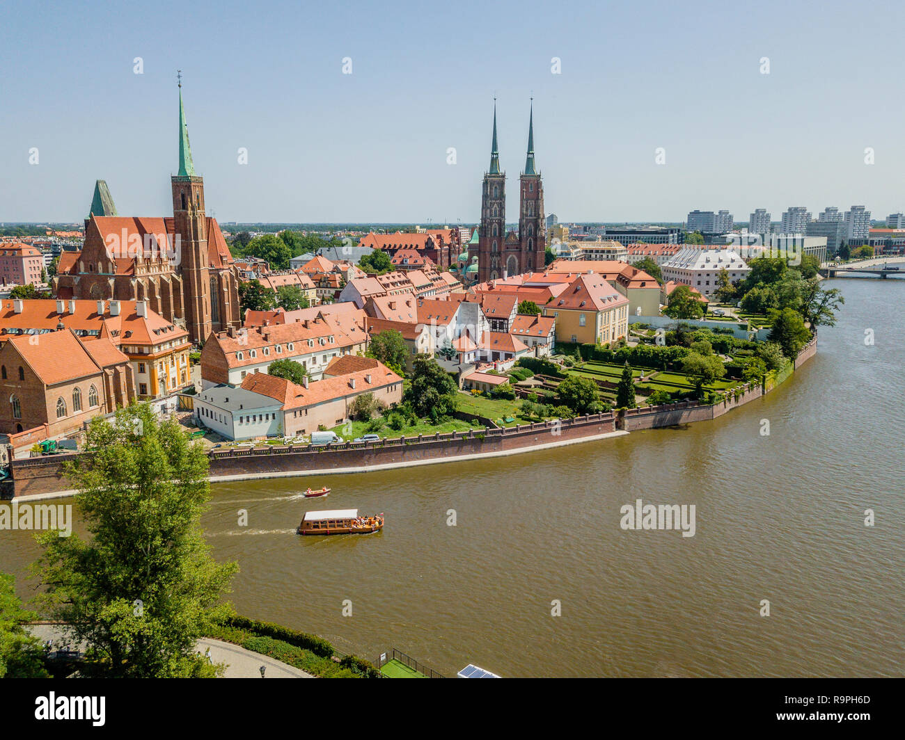 Aerial view of the oldest, historic part of Wroclaw called Ostrow ...
