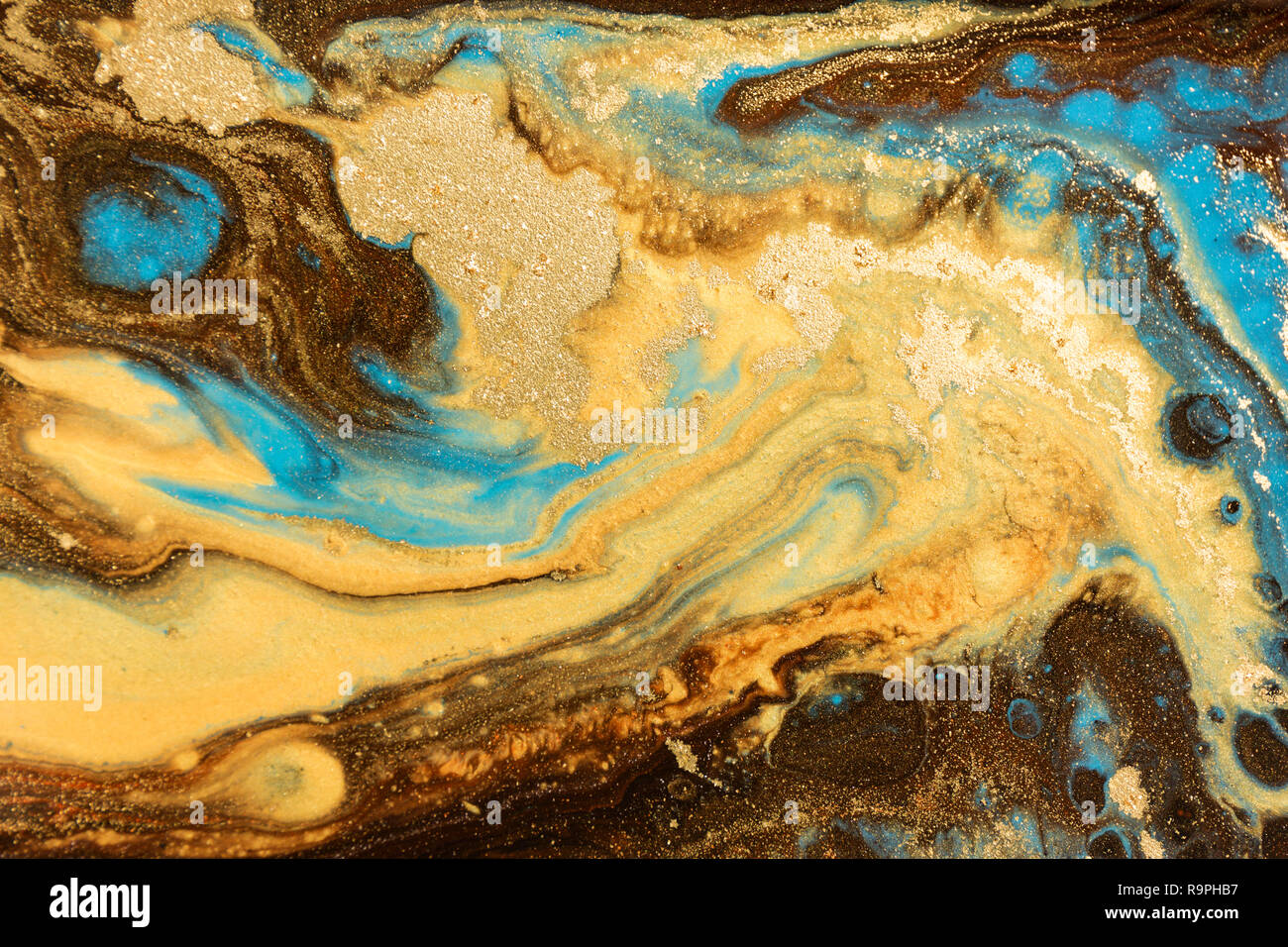 Gold marbling texture design. Blue and golden marble pattern. Fluid art ...
