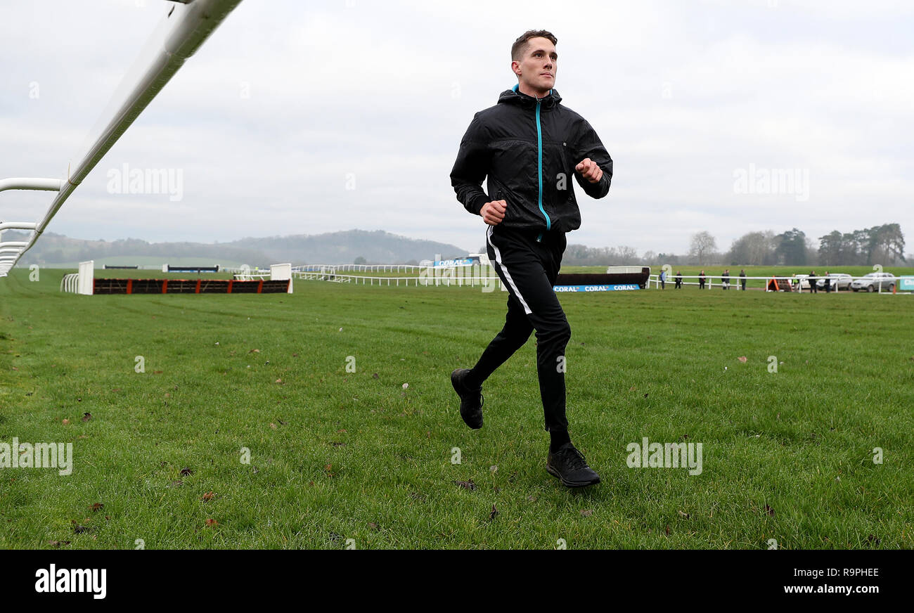 Jockey Alan Johns warms up before his ride during the Coral Welsh Grand ...