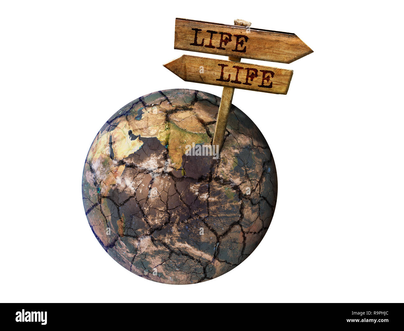 Dry and dead waterless planet Earth with wooden signpost indicating ...