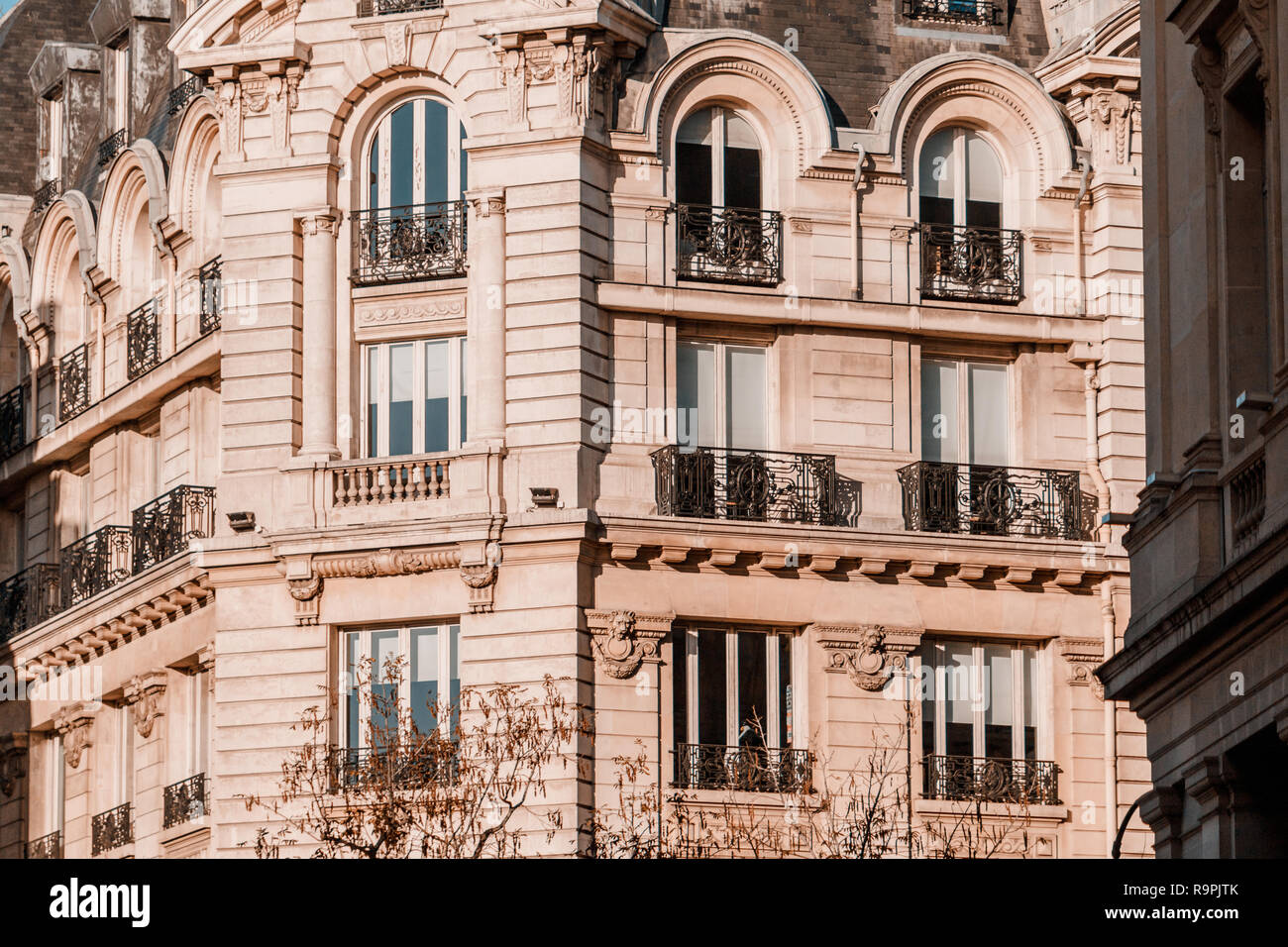 View from below on a facade European building with balconies in Paris ...