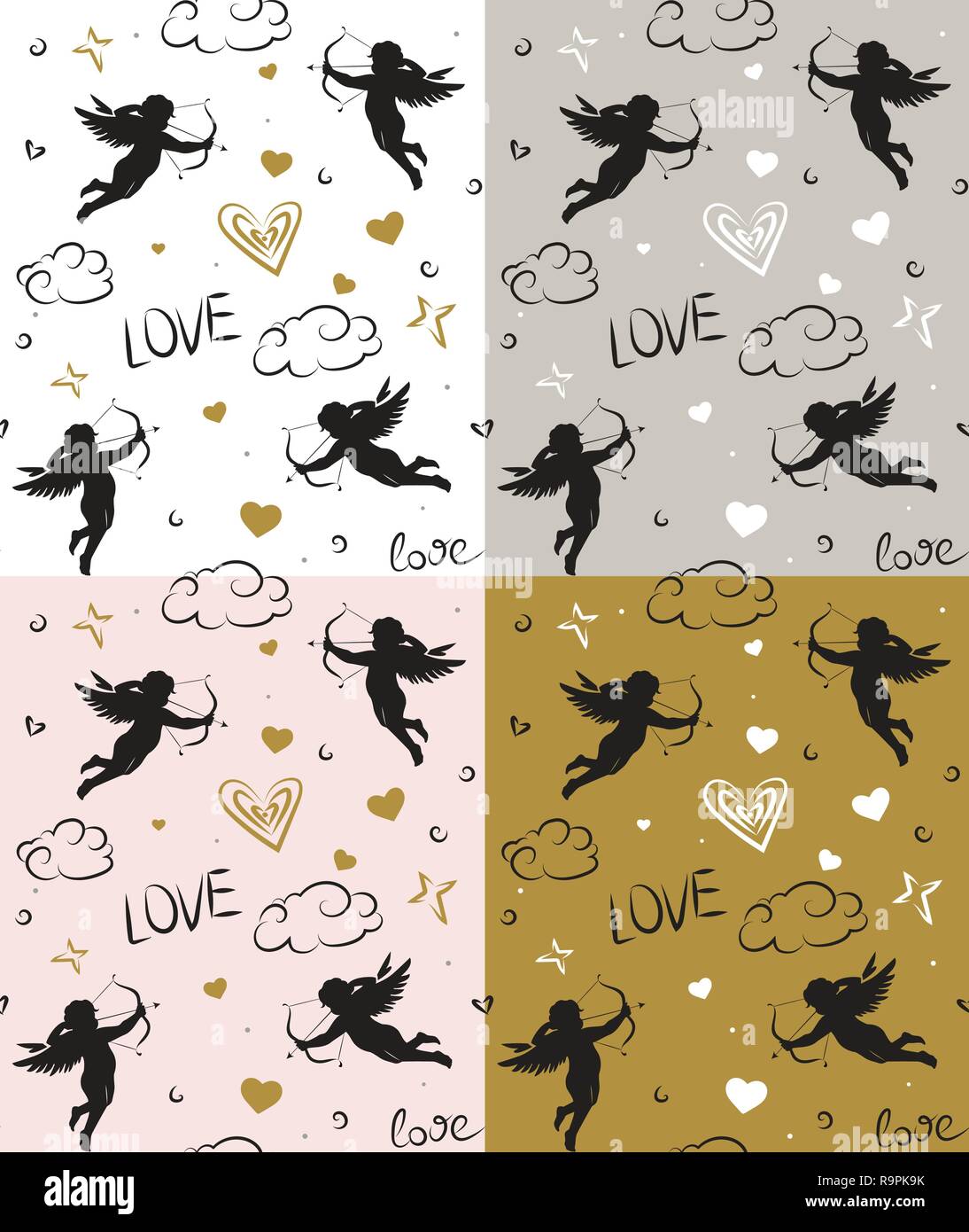Seamless romantic pattern with cupids. Love symbols, signs, icons ...