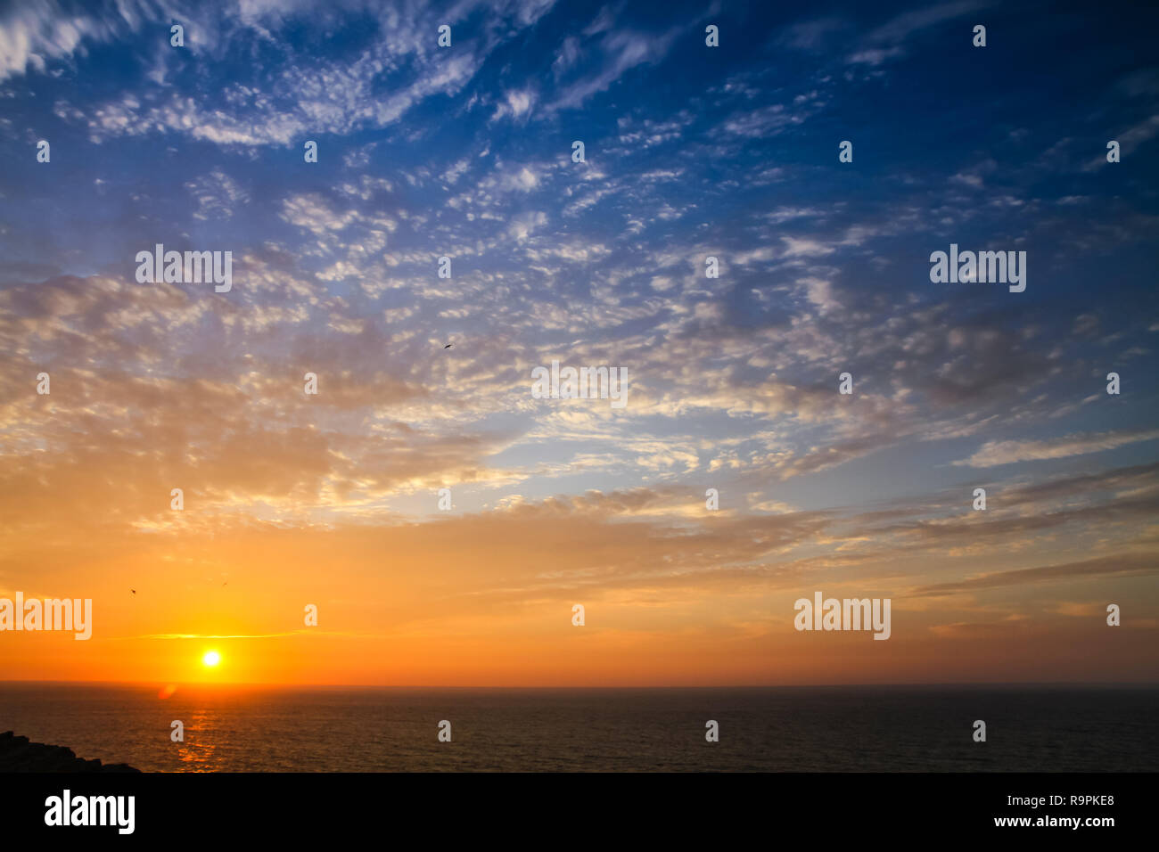 Sunset above the sea landscape panorama with full yellow sun ...