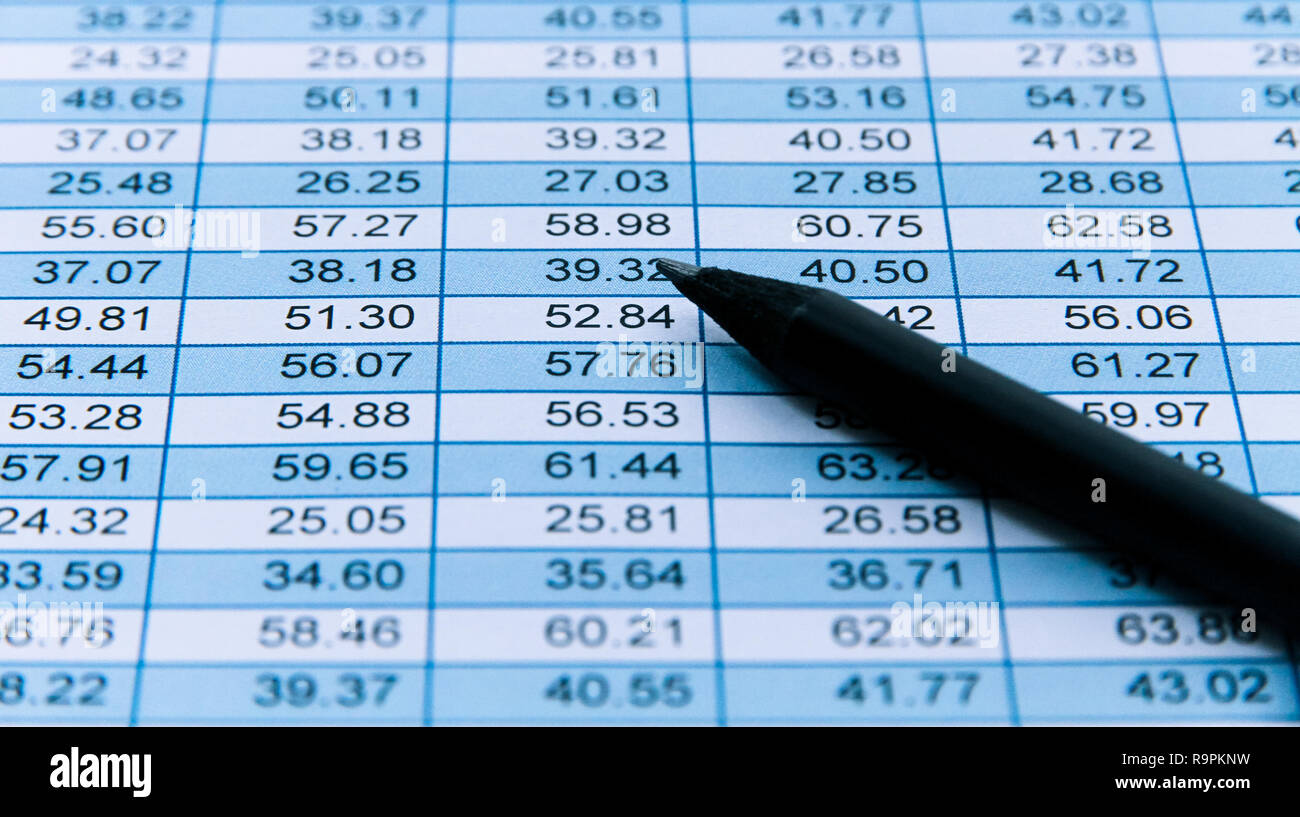 Black pencil macro over a financial spreadsheet numerical data table ...