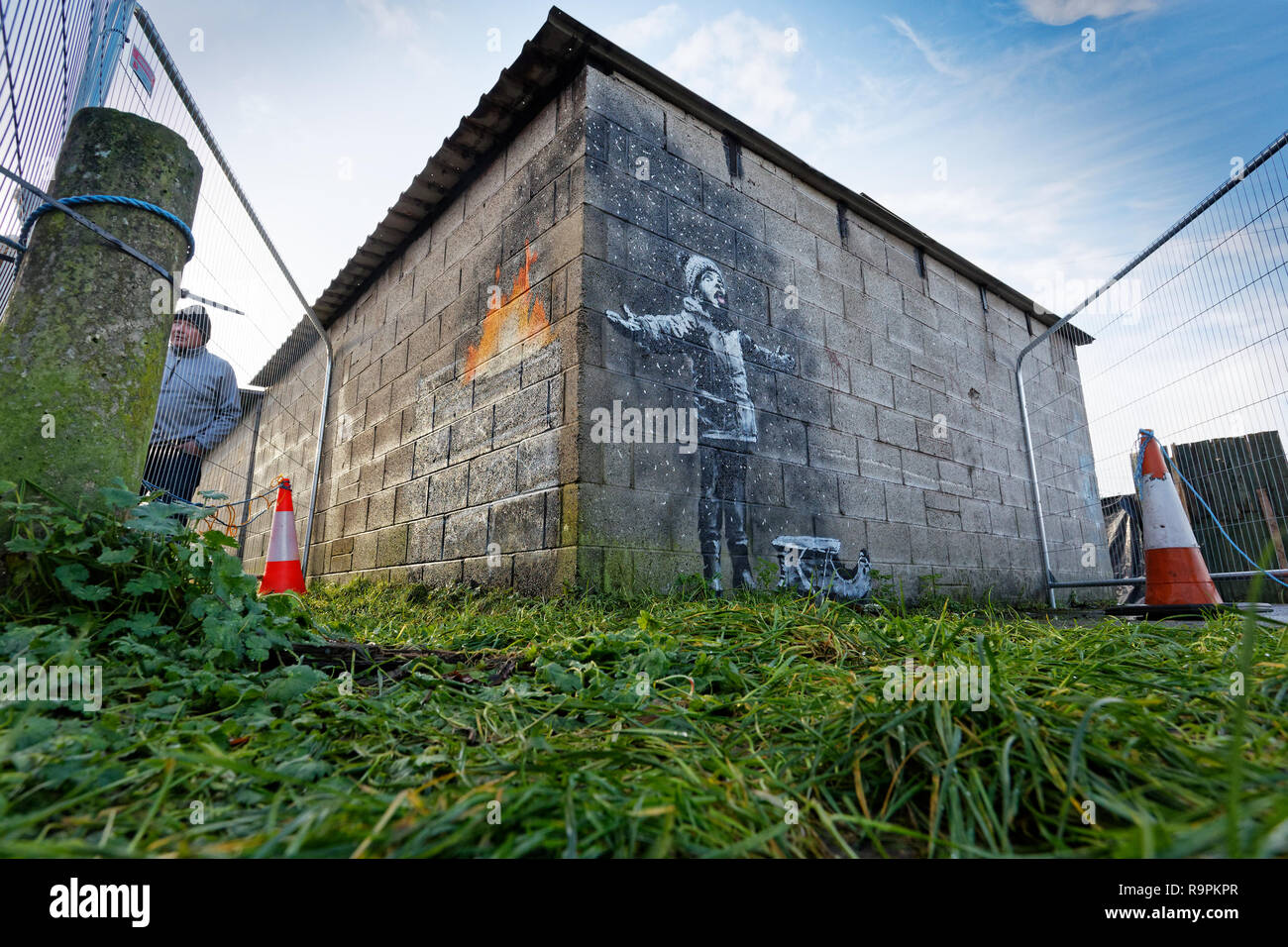 Pictured: The Banksy graffiti on a garage in Port Talbot, Wales, UK ...