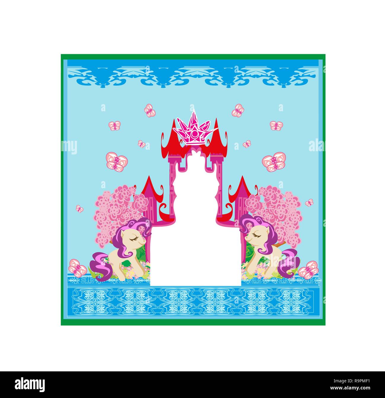 Beautiful unicorn and fairy-tale princess castle frame Stock Vector ...