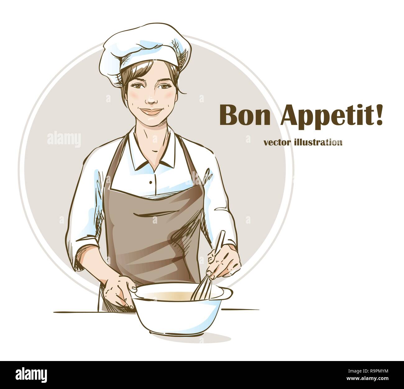 Smiling And Happy Female Chef Woman Chef Is Cooking Hand Drawn Vector