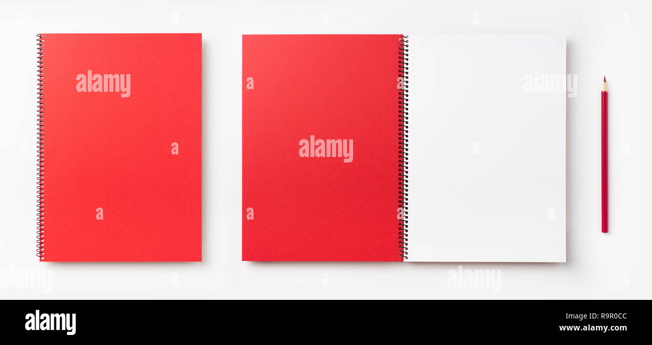 Design concept - Top view of red spiral notebook front, back, white ...