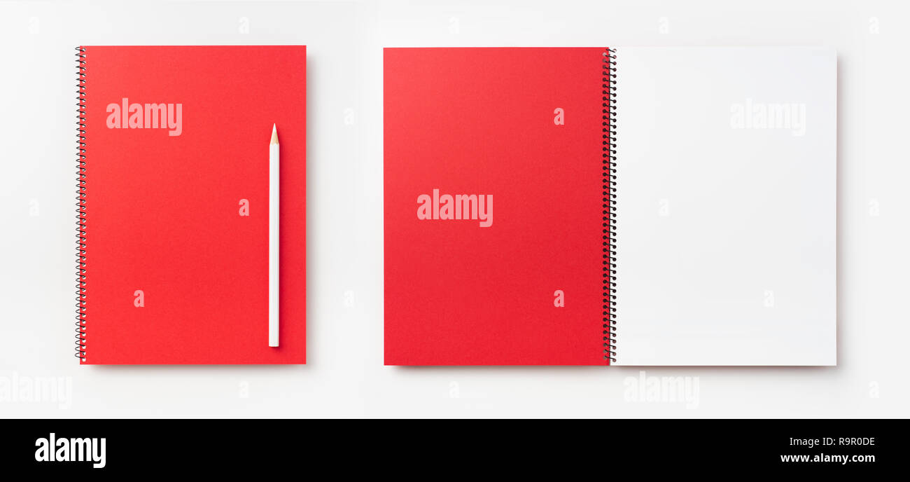 Design concept - Top view of red spiral notebook front, back, white ...