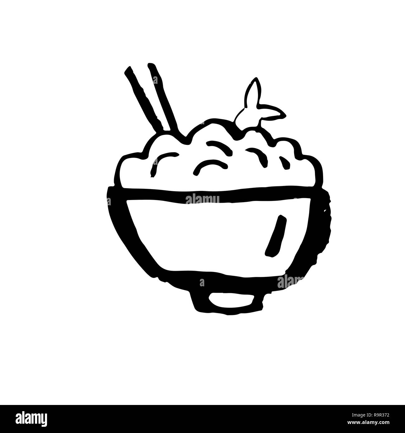 Rice with fish icon. Grunge ink brush vector illustration. Food flat ...