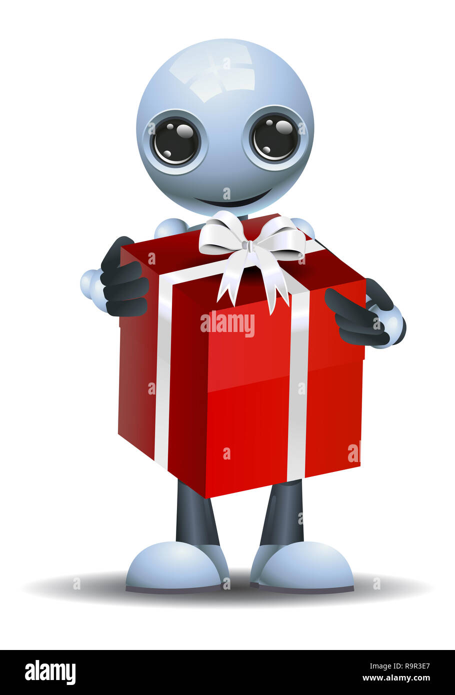 illustration of a happy little robot got a big gift on isolated white ...