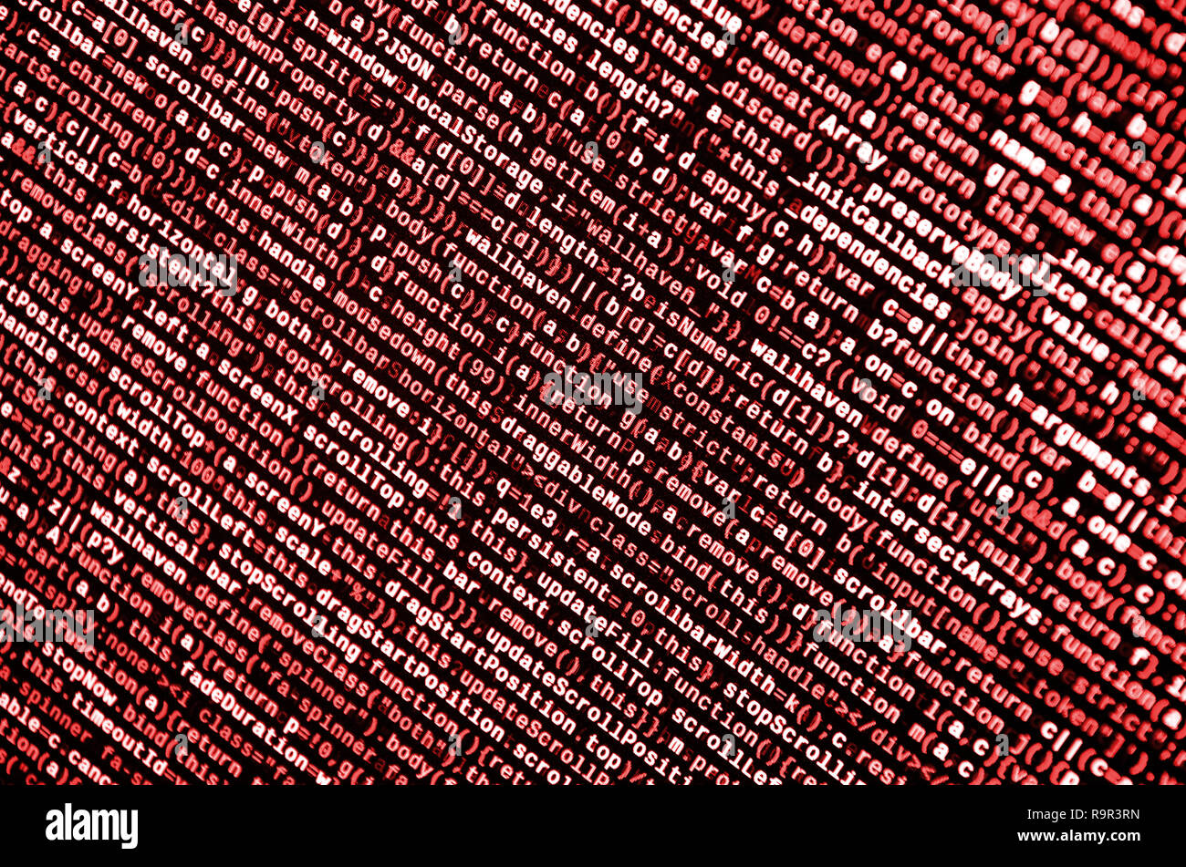 JavaScript code in text editor. Coding cyberspace concept. Screen of web developing javascript ...