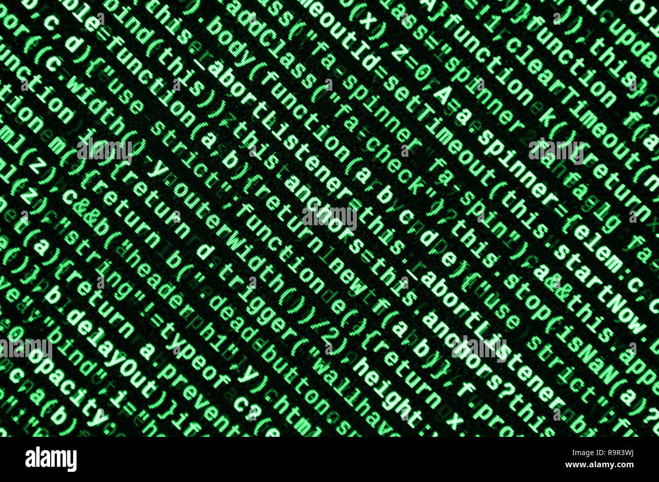 JavaScript code in text editor. Coding cyberspace concept. Screen of ...