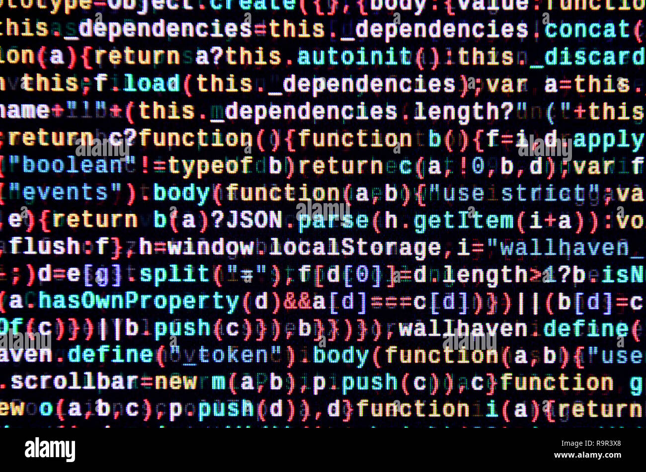 Javascript functions, variables, objects. Monitor closeup of function source code. IT specialist ...