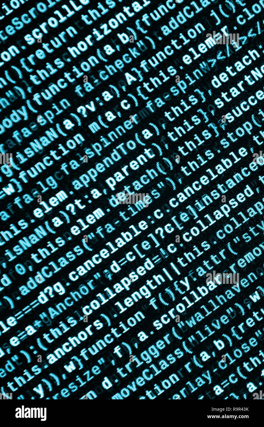 JavaScript code in text editor. Coding cyberspace concept. Screen of ...