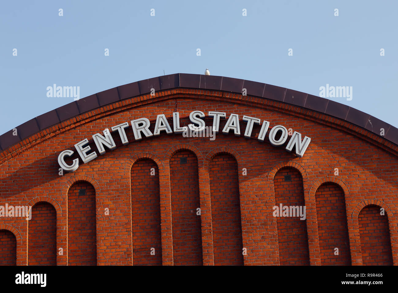 Sign at the Swedish Malmo central station red old brick building Stock ...