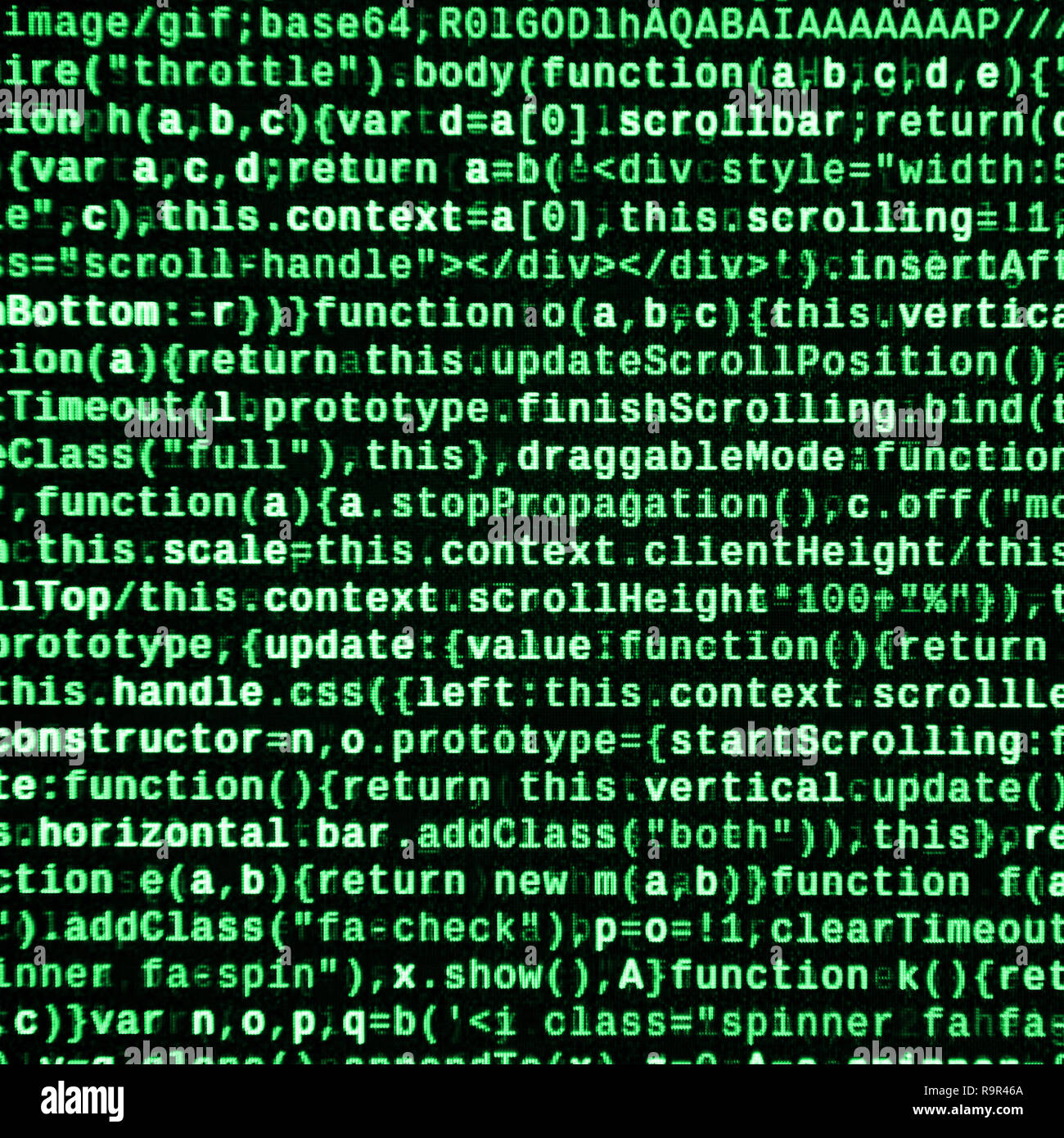 Javascript functions, variables, objects. Monitor closeup of function source code. IT specialist ...