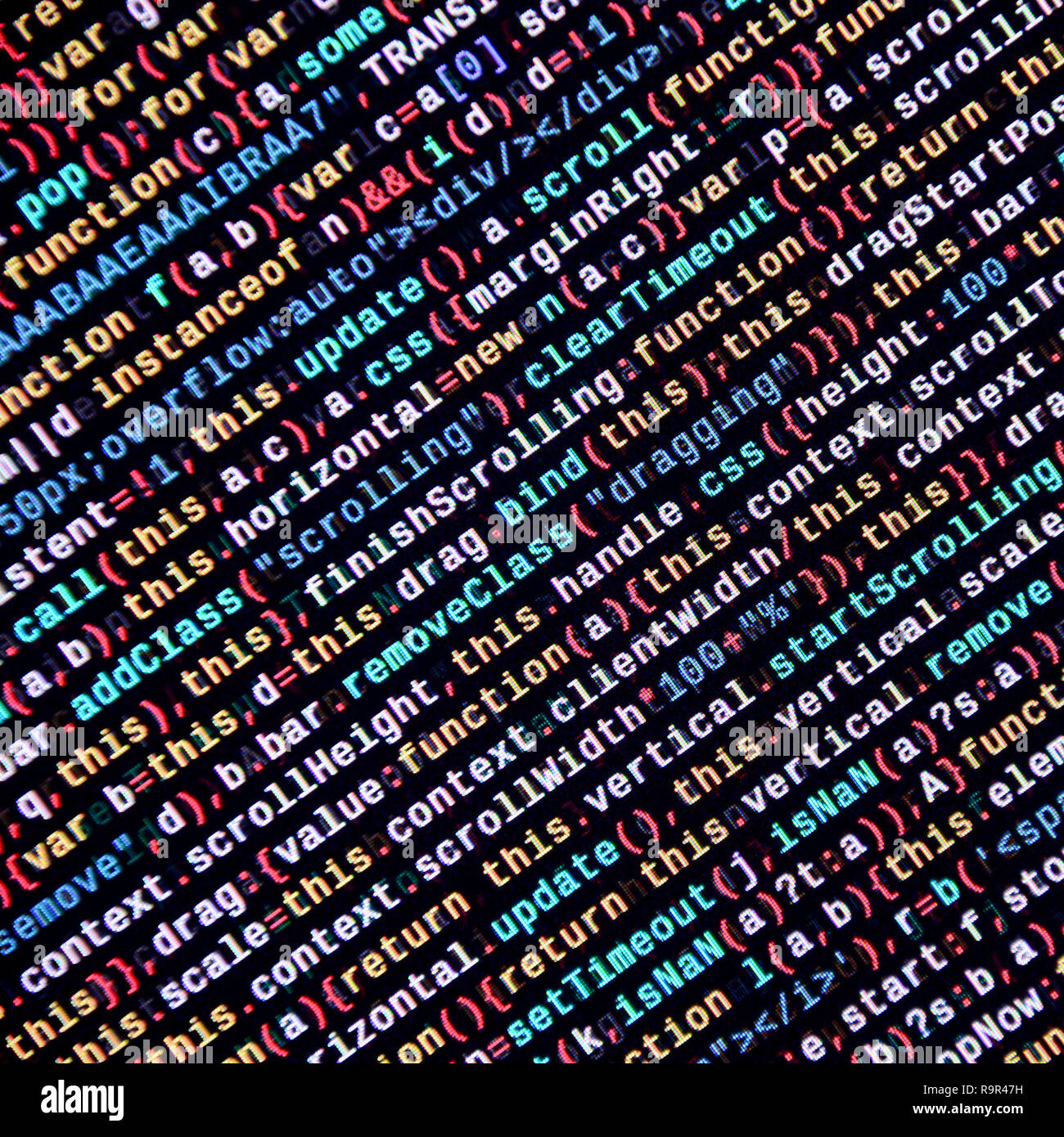 Javascript functions, variables, objects. Monitor closeup of function source code. IT specialist ...