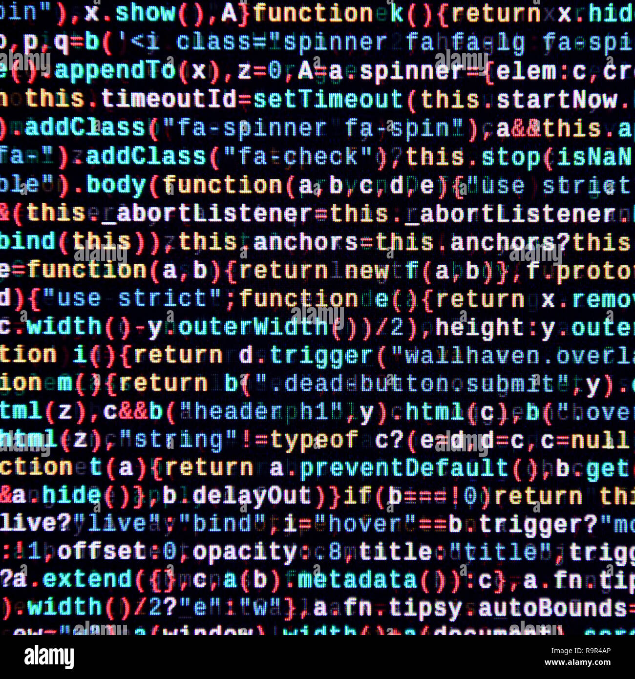 Writing programming code on laptop. Digital binary data on computer screen. Project managers ...