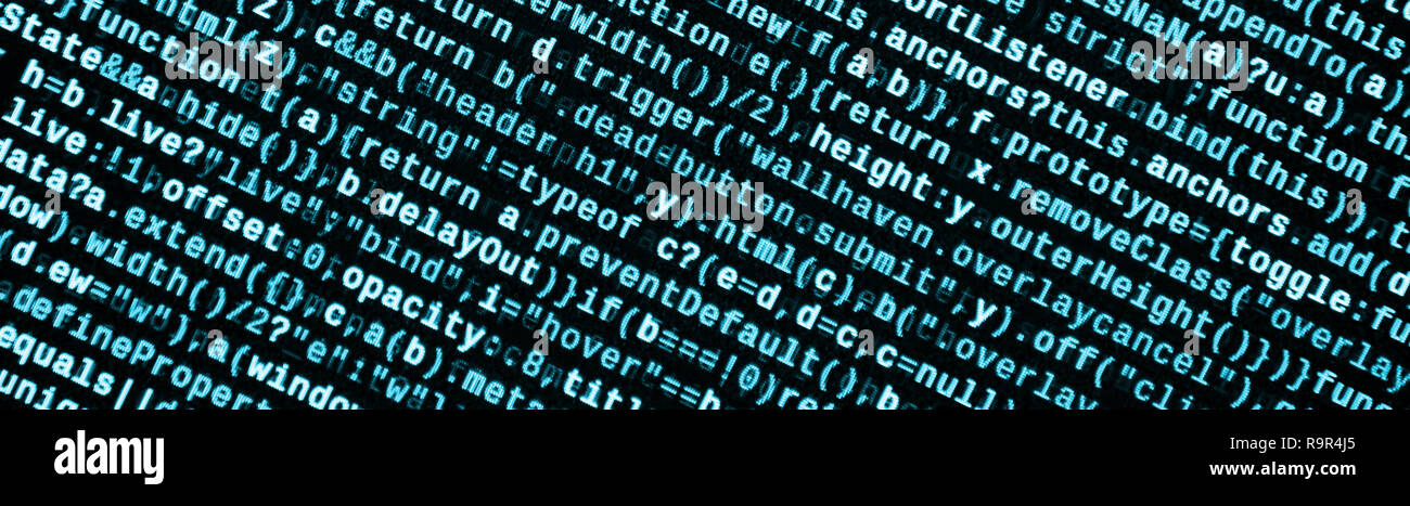 JavaScript code in text editor. Coding cyberspace concept. Screen of ...
