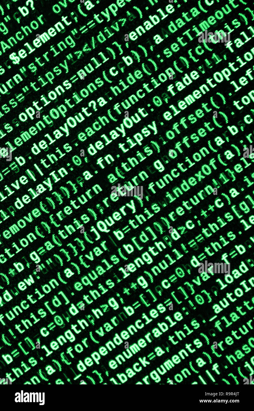 Writing programming code on laptop. Digital binary data on computer ...